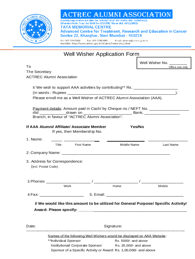 Well Wisher Application Doc Template | pdfFiller