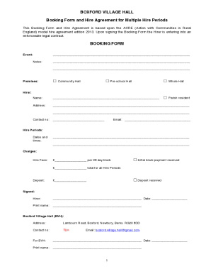 Fillable Online Acre Village Hall Hire Agreement Template Form Fax ...
