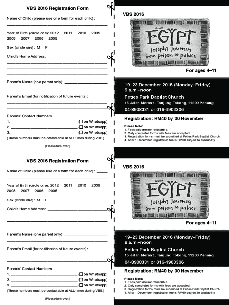 Fillable Online VBS Registration Form (One per Child) Fax Email Print ...