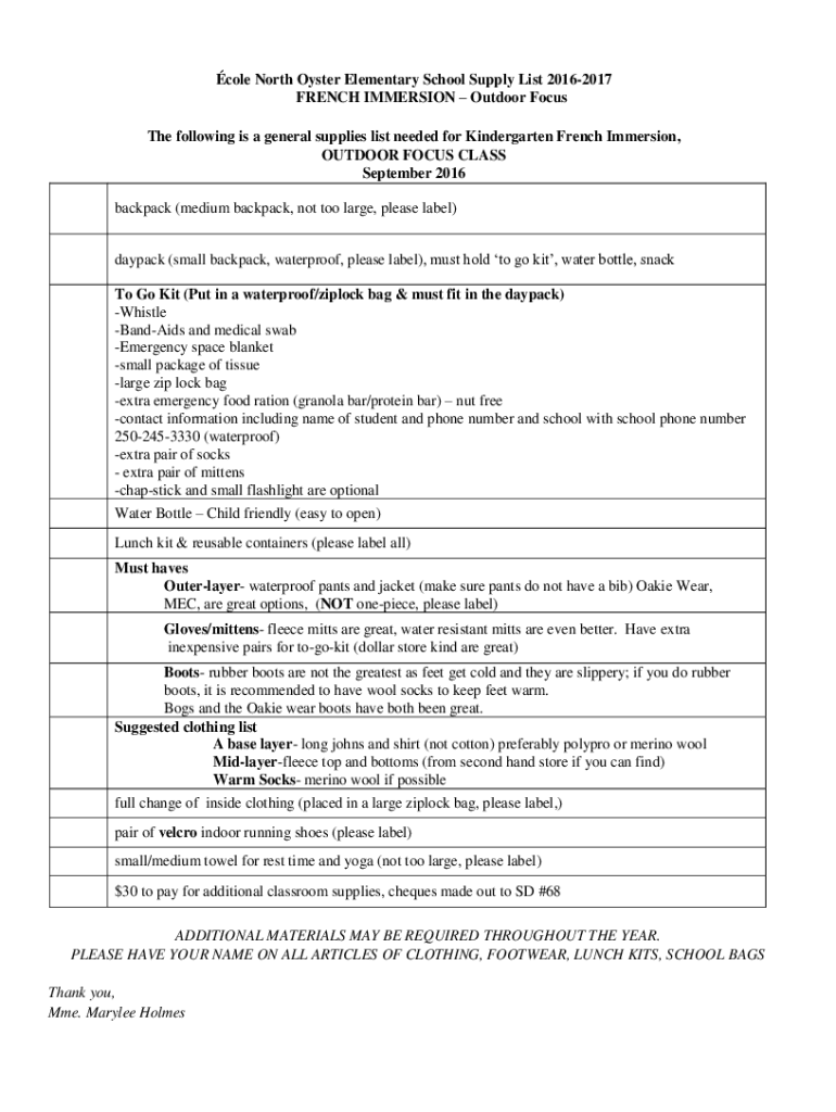 Fillable Online cole North Oyster Elementary School Supply List 2016 ...