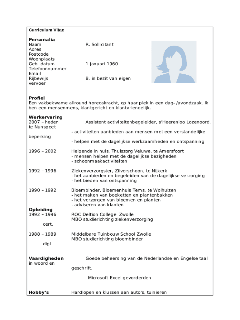 Voorbeeld-CV.doc - Amersfoort Doc Template | pdfFiller