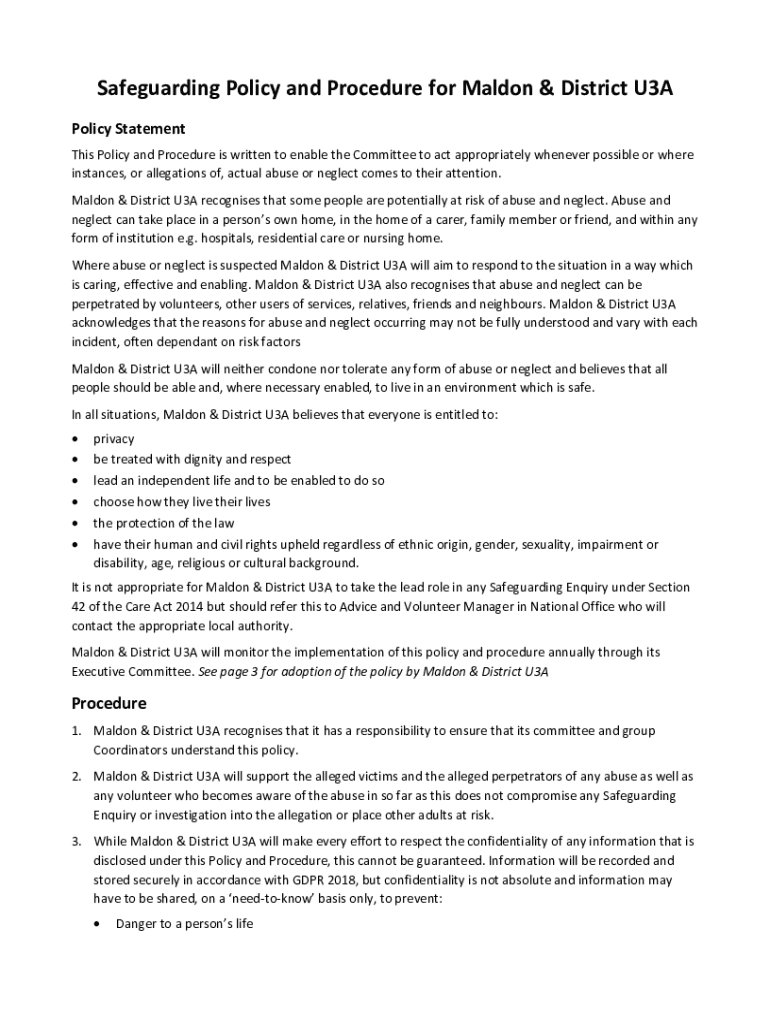Fillable Online SAFEGUARDING POLICY AND PROCEDURE SAMPLE Fax Email ...