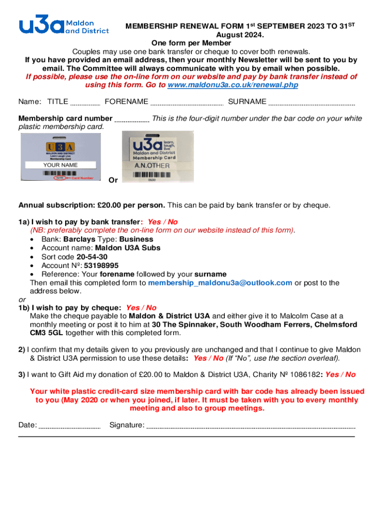 Fillable Online MEMBERSHIP RENEWAL FORM 1st SEPTEMBER 2023 ... Fax Email Print - pdfFiller