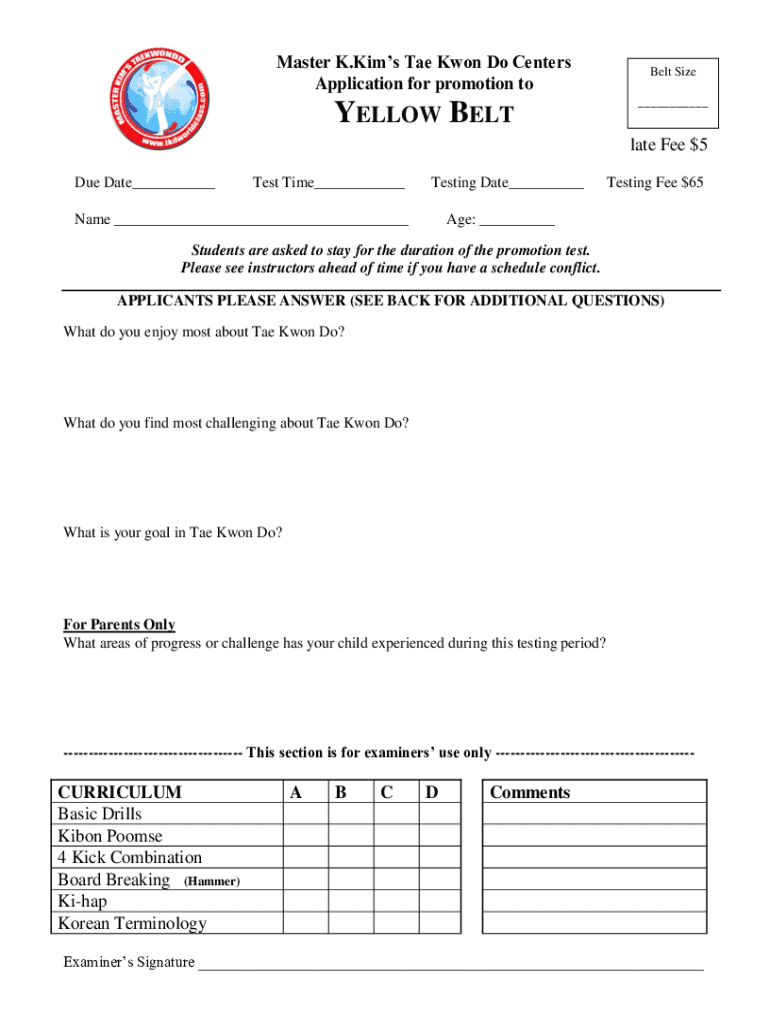 Fillable Online Master Kim's Tae Kwon Do Yellow Belt Testing Form Fax ...