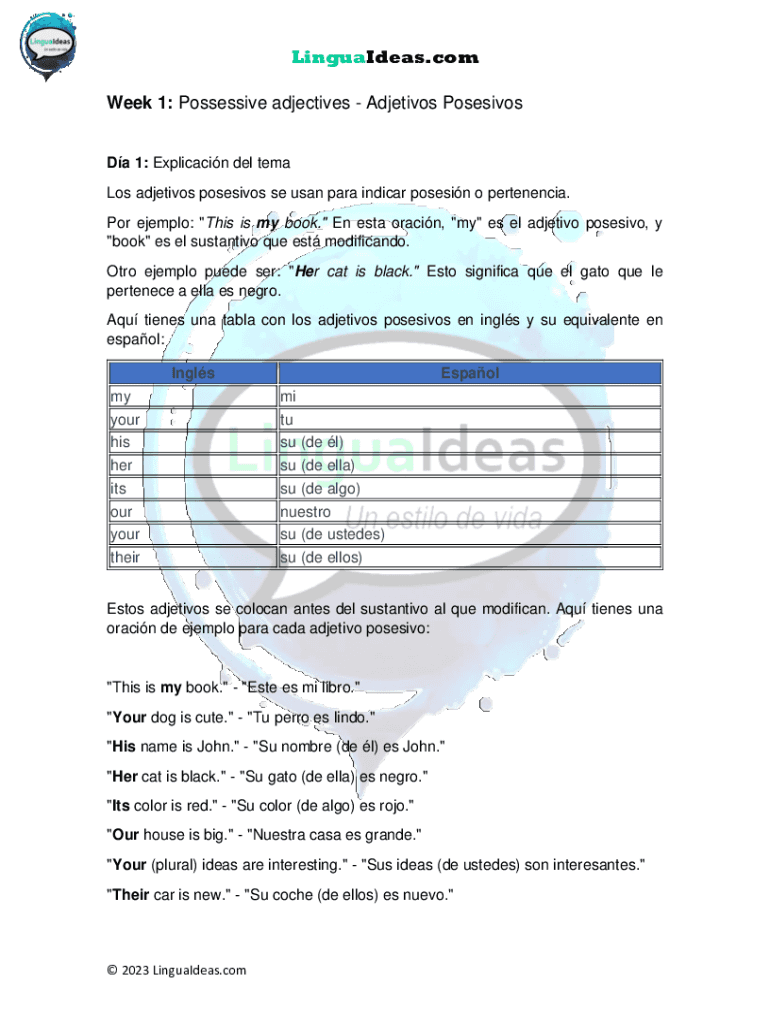 Completable En línea Week 1: Possessive adjectives - Adjetivos ...