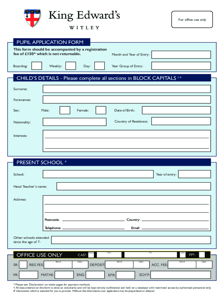Fillable Online Registration Form for Boarding School in Essex Fax ...