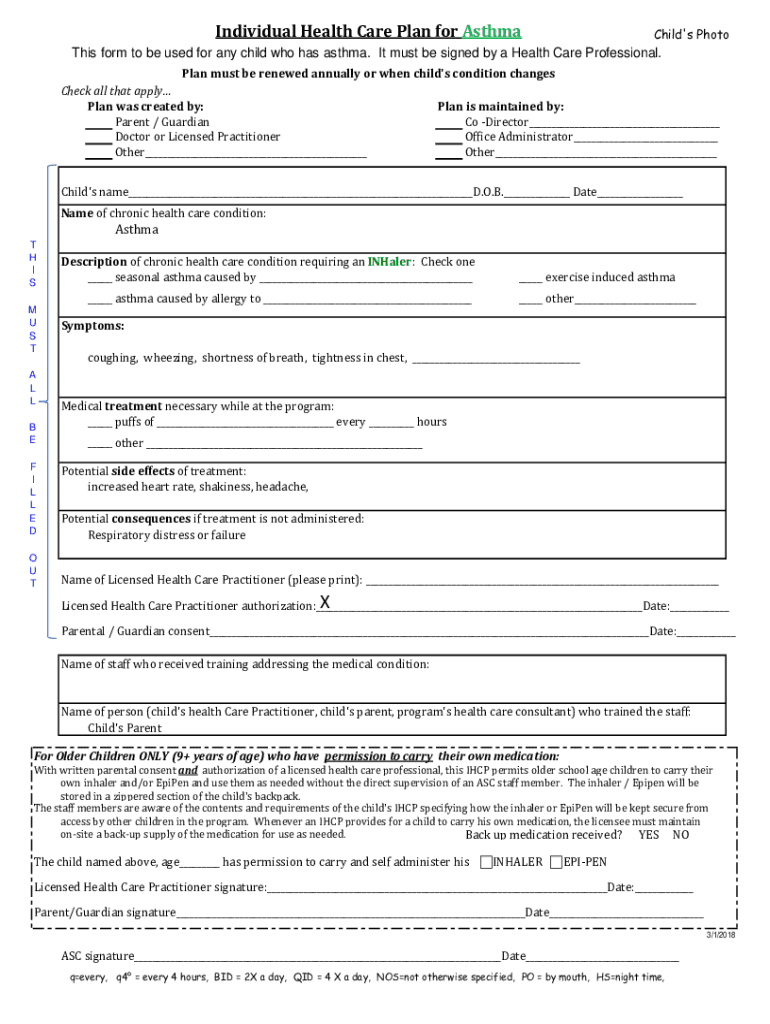 Fillable Online Individual Health Care Plan for a Child with Special ...