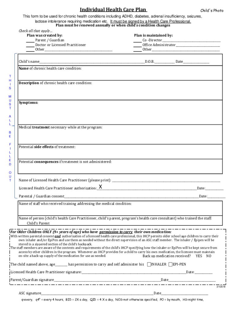Fillable Online Individual Health Care Plan for EPI PEN Fax Email Print ...