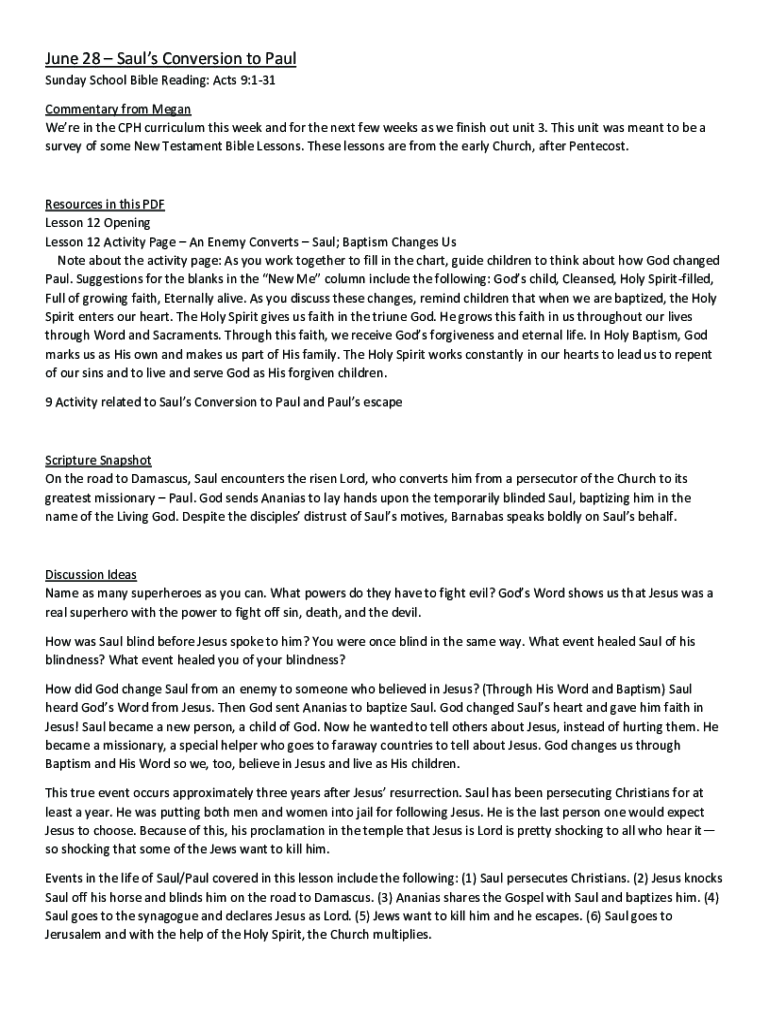 Fillable Online Lesson: Jesus Transforms Saul's Life (Paul's Conversion ...