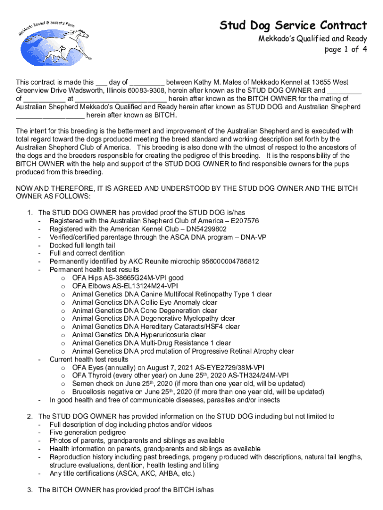 Fillable Online GUIDE TO CONTENT OF STUD DOG CONTRACT Fax Email Print ...