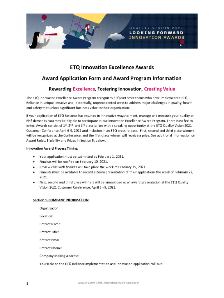 Fillable Online ETQ Innovation Excellence Awards Award Application Form ...