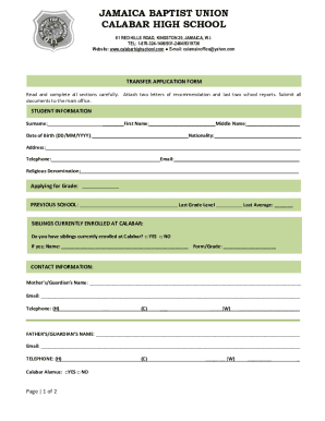 Fillable Online JAMAICA BAPTIST UNION CALABAR HIGH SCHOOL Fax Email ...