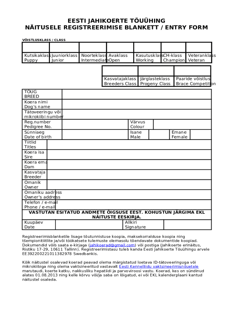 nitusele registreerimise blankett / entry Doc Template | pdfFiller