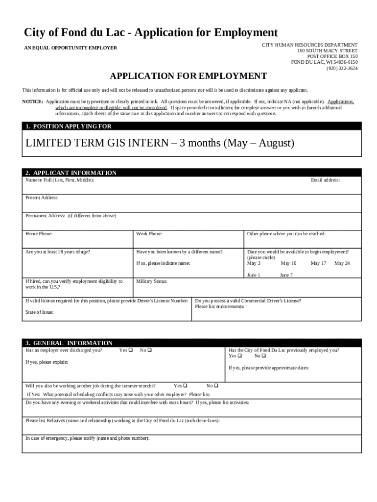 LIMITED TERM GIS INTERN 3 months (May August) Doc Template | pdfFiller