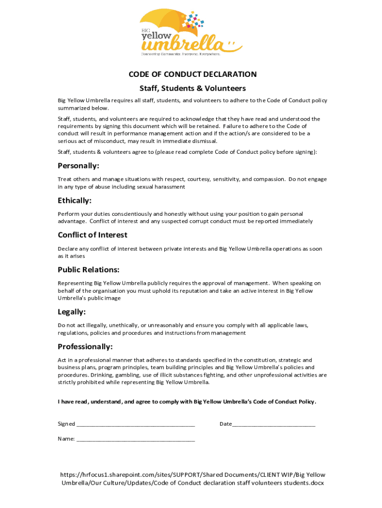Fillable Online CODE OF CONDUCT DECLARATION Staff, Students ...