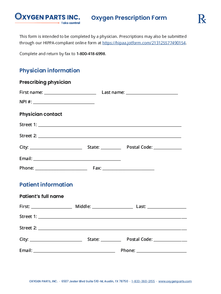 Fillable Online Oxygen Prescription Form - Oxygen Parts Inc. Fax Email ...