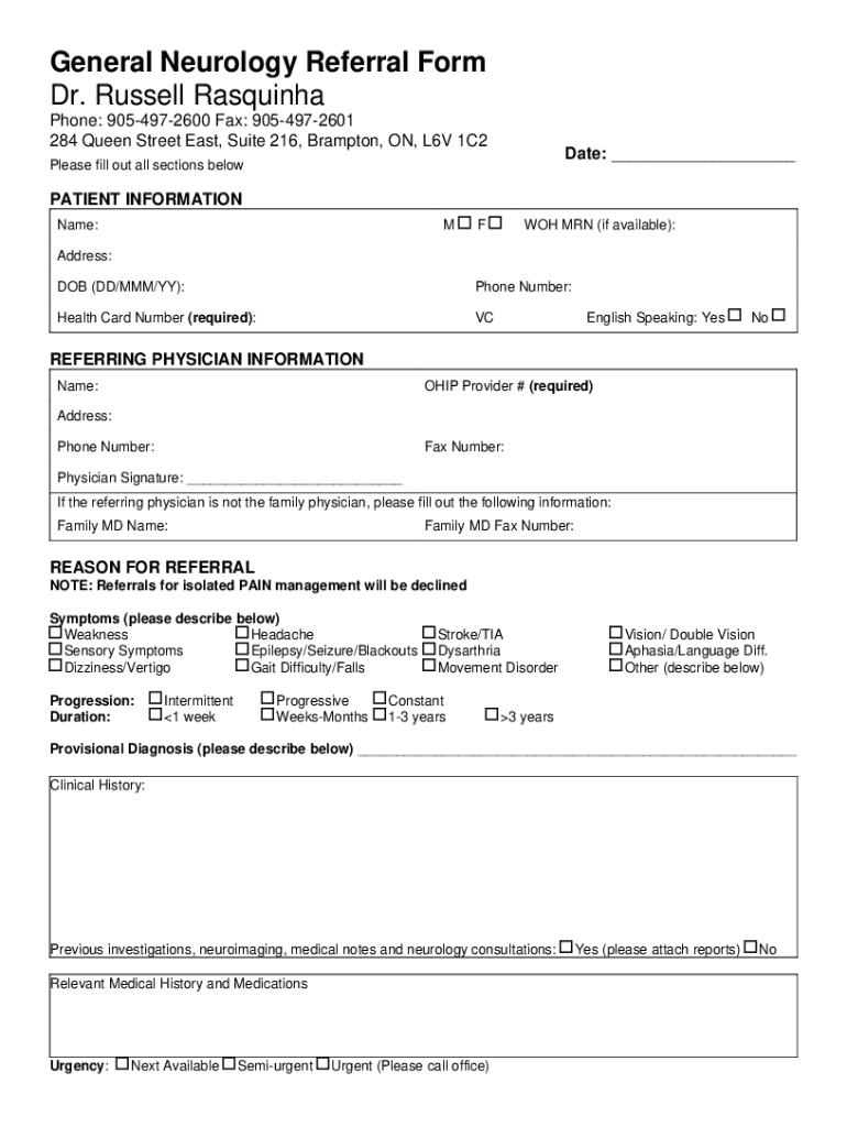 Fillable Online General Neurology Referral Form Dr. Russell Rasquinha Fax Email Print - pdfFiller