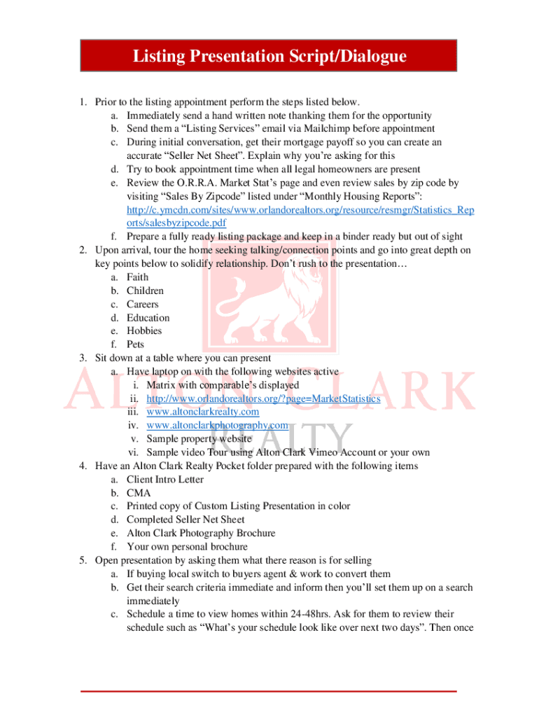 Fillable Online Real Estate Listing Presentation Script (Step By Step ...