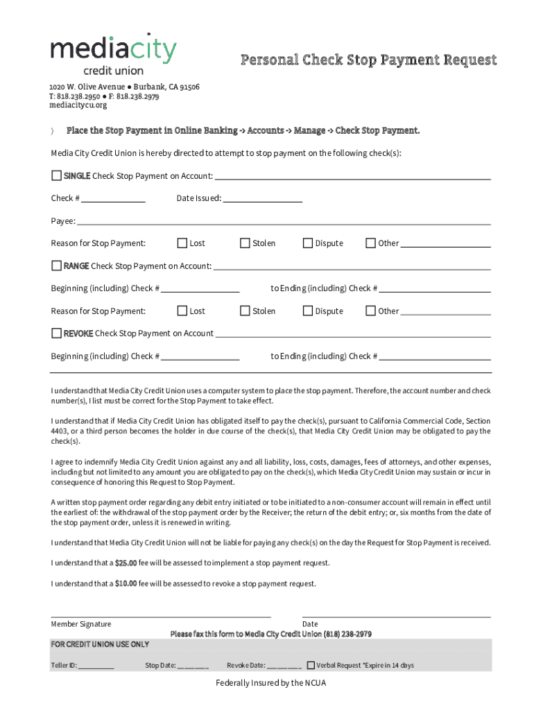 Fillable Online Personal Check Stop Payment Request Fax Email Print ...