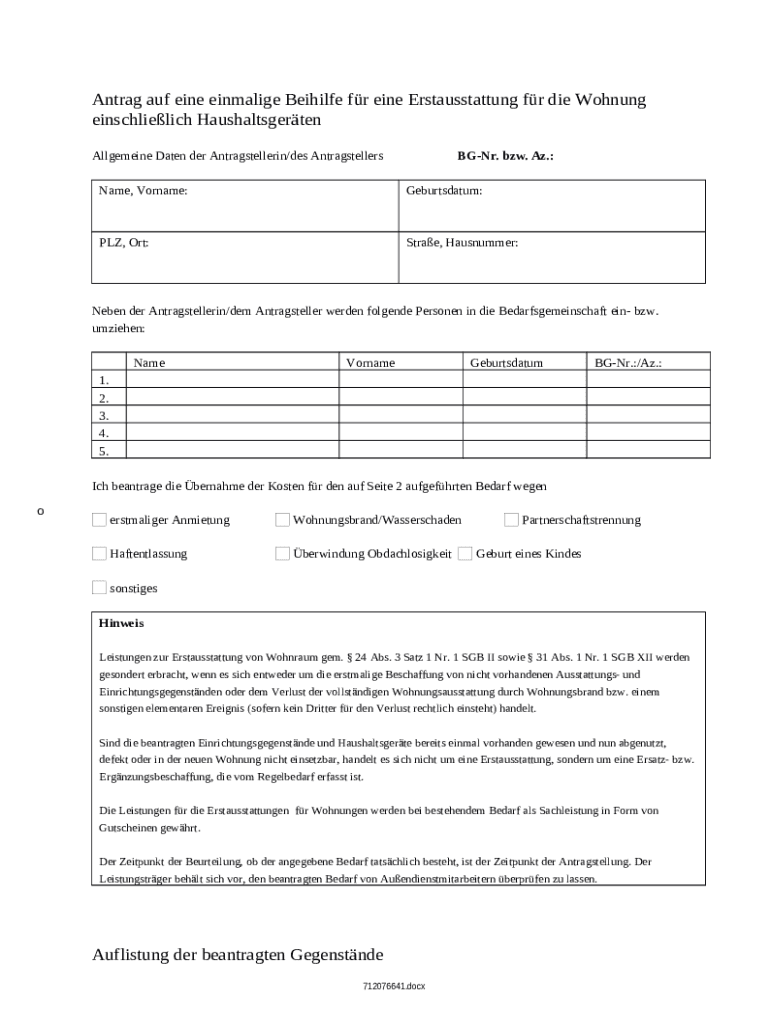 Antrag-auf-eine-einmalige-Beihilfe-fr-eine-Erstausstattung ... Doc Template | pdfFiller