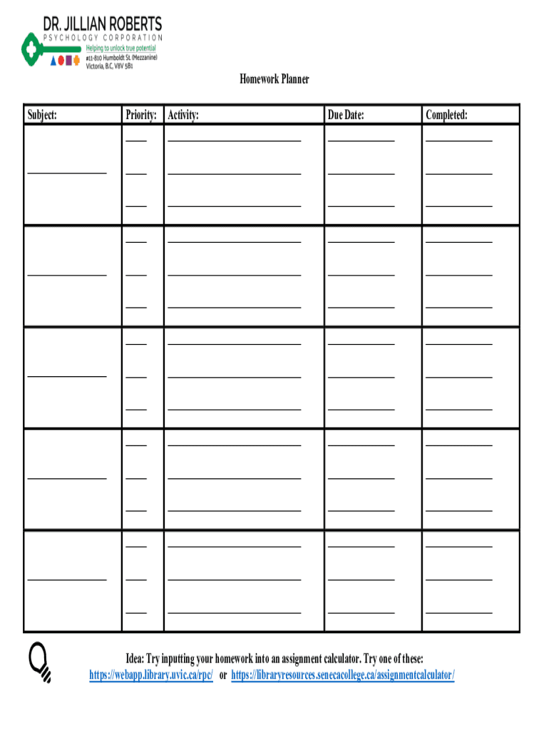 Fillable Online FREE Printable Homework Planner Template Fax Email ...