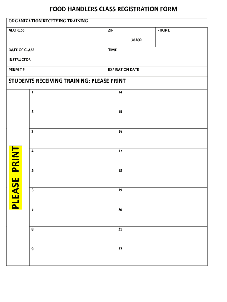 Fillable Online FOOD HANDLERS CLASS REGISTRATION FORM Fax Email Print ...