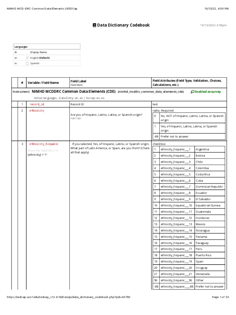 Fillable Online ! Data Dictionary Codebook Fax Email Print - pdfFiller