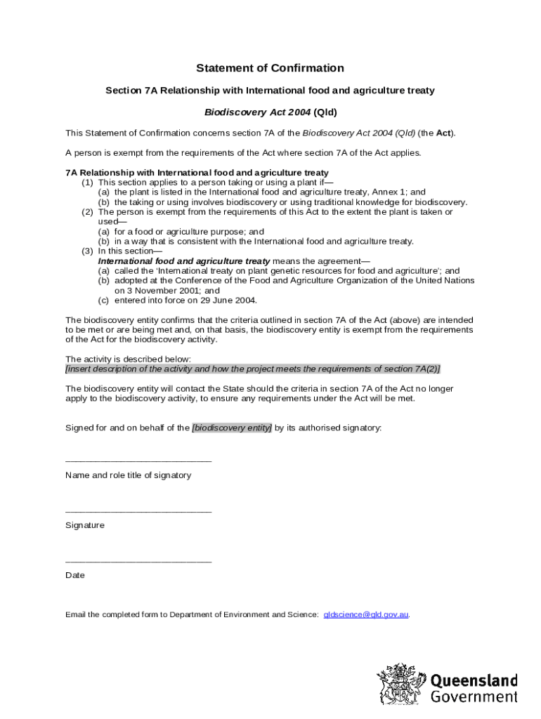 Statement of Confirmation - Biodiscovery Act Qld - FOA Treaty exemption ...