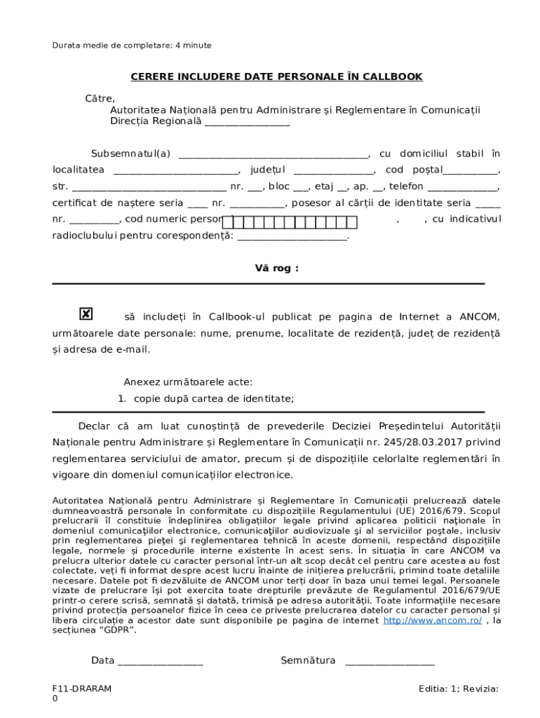 CERERE INCLUDERE DATE PERSONALE N CALLBOOK Doc Template | pdfFiller