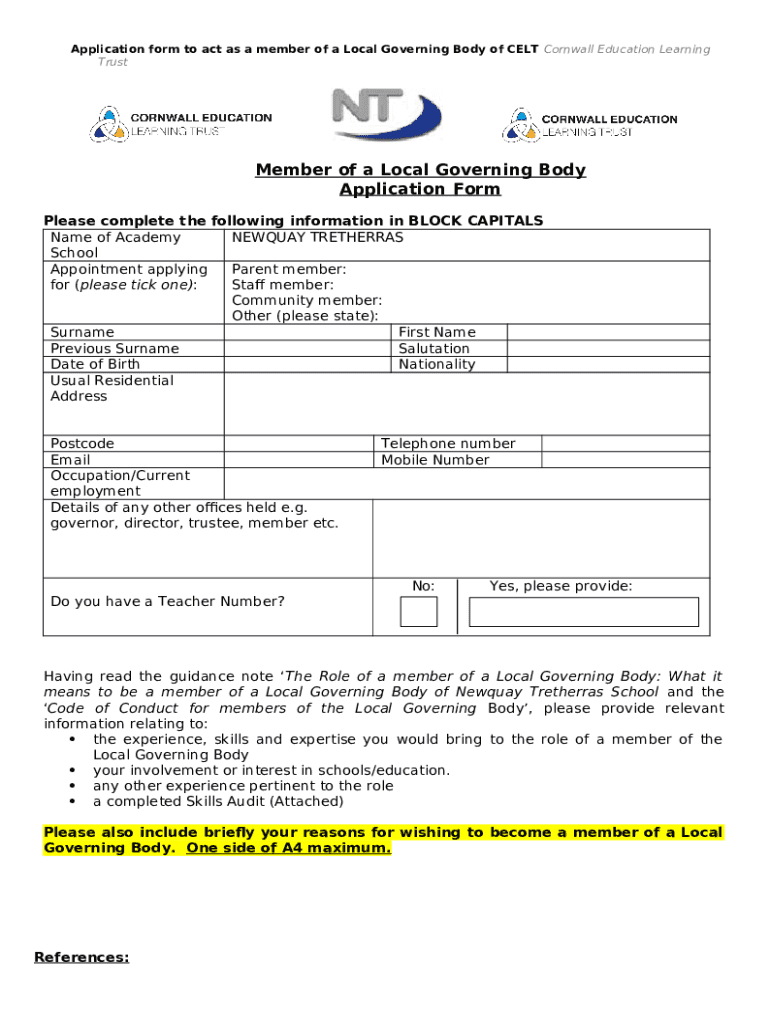 Member of a Local Governing Body Application Doc Template | pdfFiller