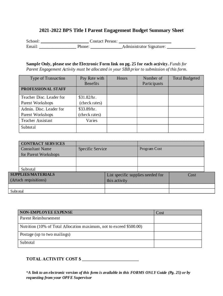 BPS Title I Parent Engagement Budget Summary Sheet Doc Template | pdfFiller