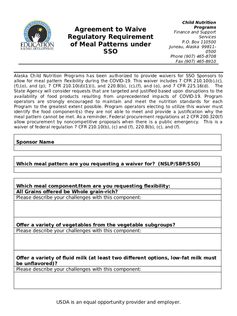 Meal Pattern Waiver Doc Template | pdfFiller