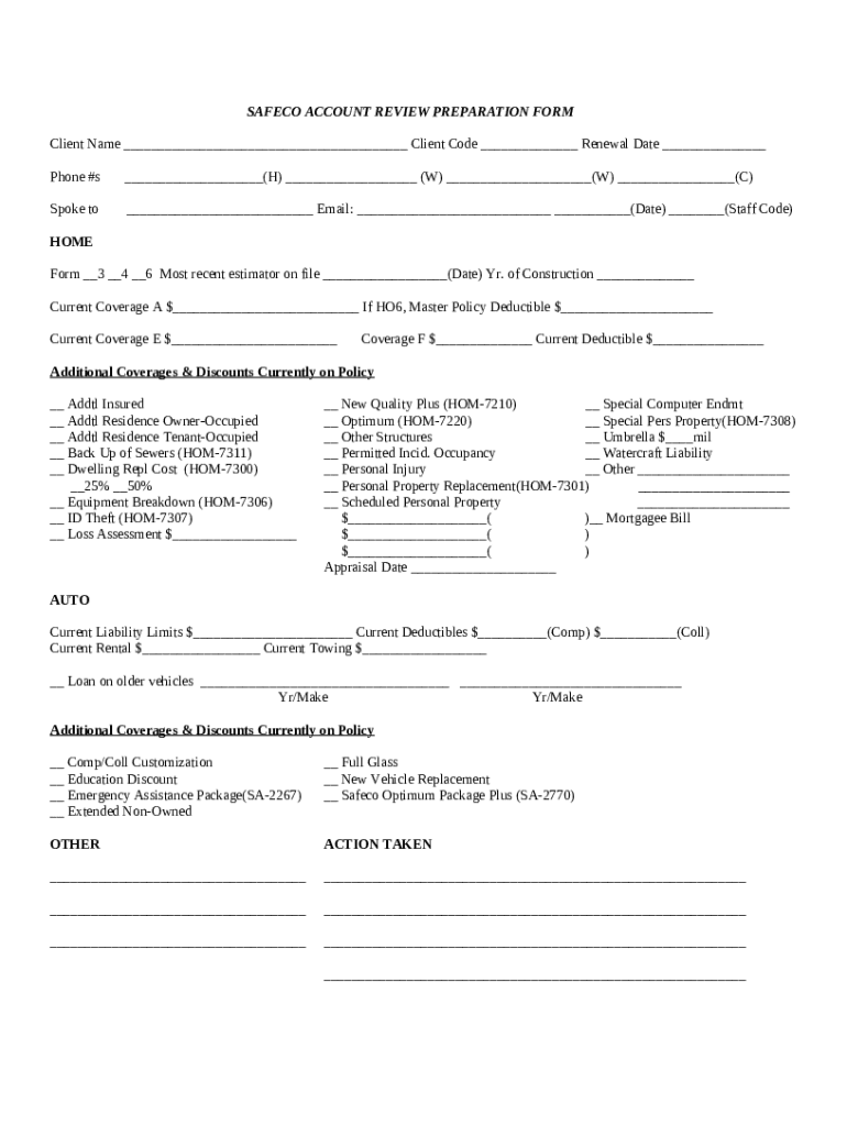 SAFECO ACCOUNT REVIEW PREPARATION Doc Template | pdfFiller