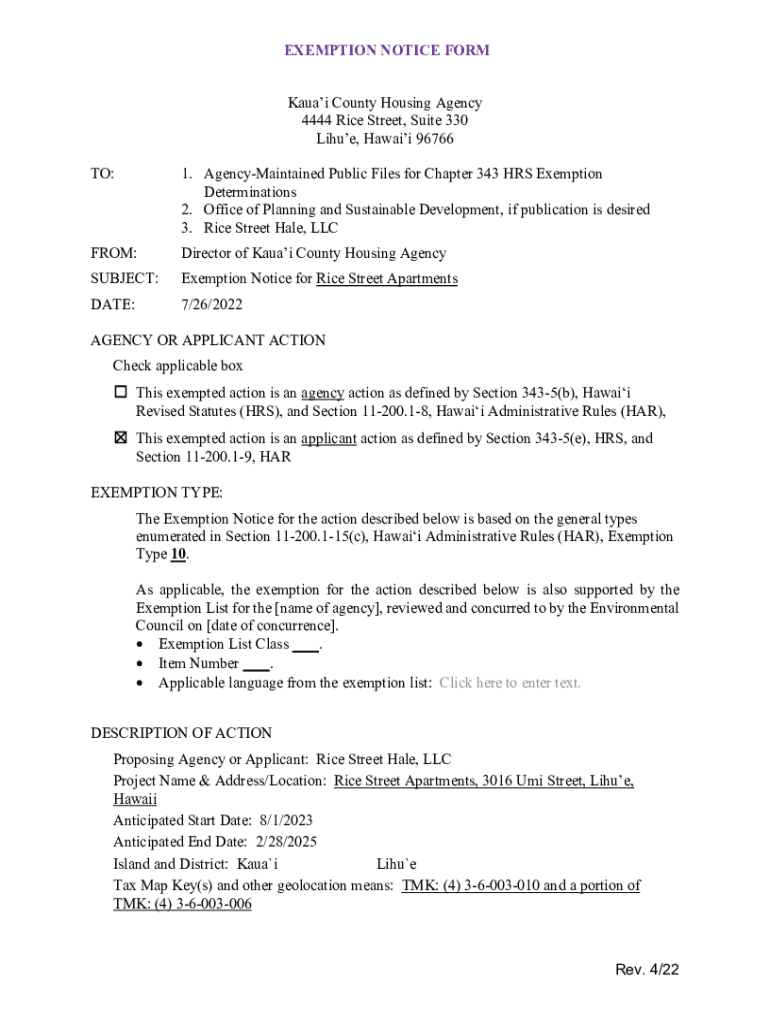 Fillable Online EXEMPTION NOTICE FORM Rev. 4/22 Kaua'i County ... Fax ...