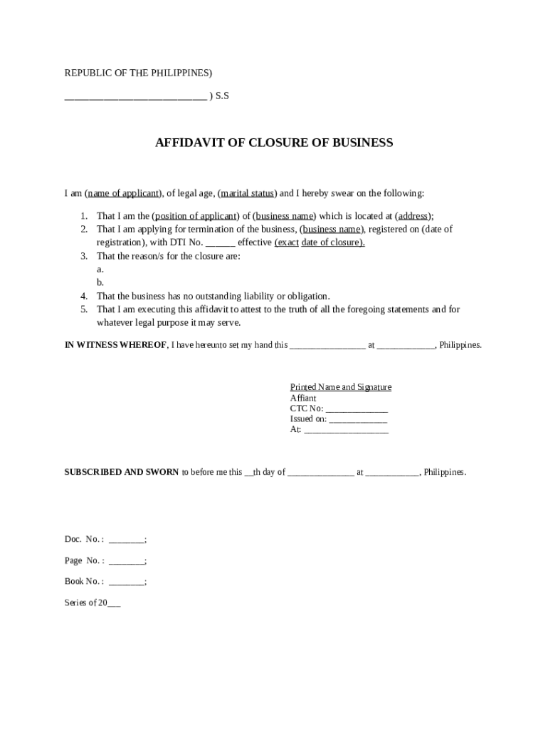 Affidavit of Closure of Business for Sole Proprietors Doc Template ...