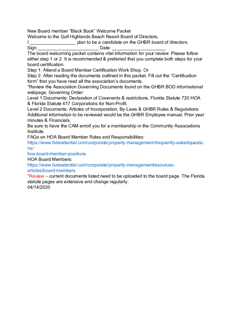 Fillable Online New Board member Black Book Welcome Packet Fax Email ...