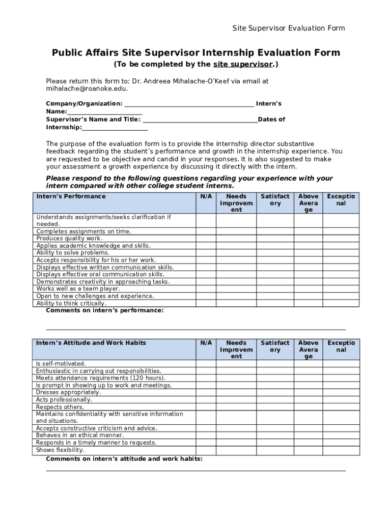 Internship Supervisor Evaluation Template Doc Template | pdfFiller