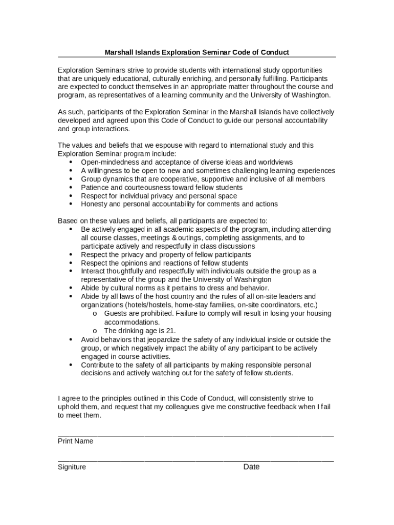 SAMPLE Exploration Seminar Code of Conduct - courses washington Doc Template | pdfFiller