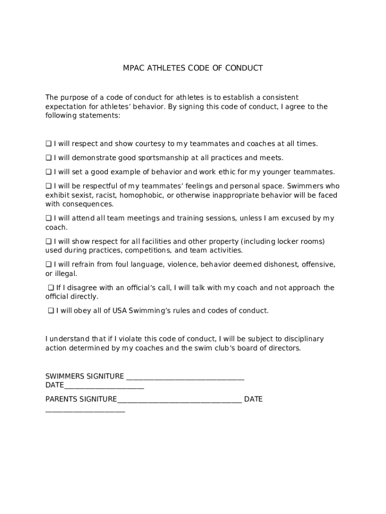 Special Olympics Athlete Code of Conduct Doc Template | pdfFiller