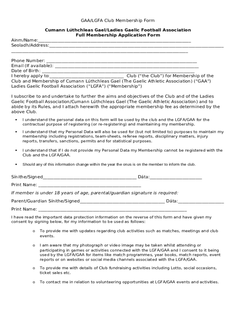 2019-LGFA-GAA-Club-Membership- Doc Template | pdfFiller