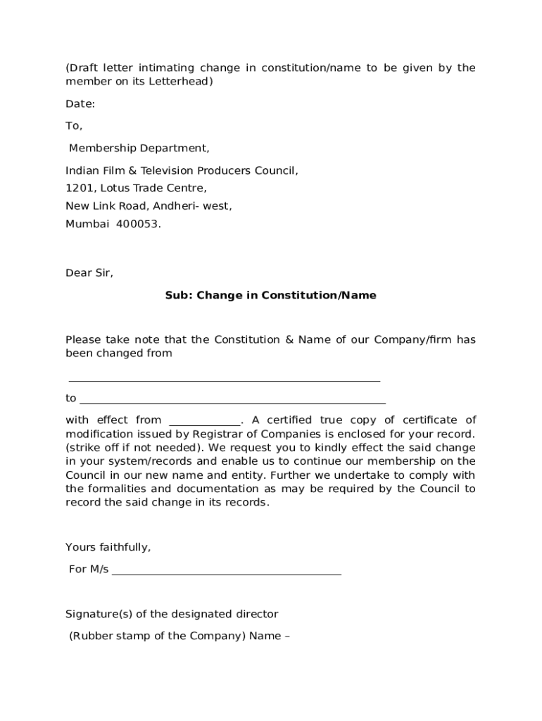(Draft letter intimating change in constitution/name to be ... Doc ...