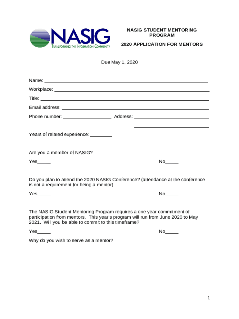 NASIG Mentor Application2020. ... Doc Template | pdfFiller