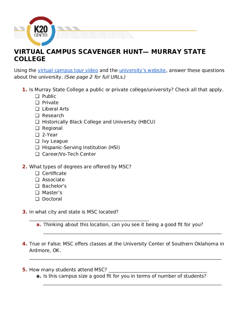 virtual campus scavenger hunt murray state college Doc Template | pdfFiller