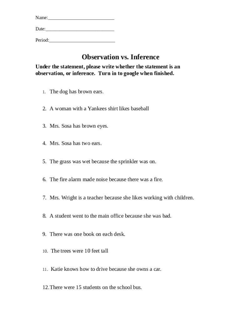 Observation vs. Inference Under the statement, ... Doc Template | pdfFiller