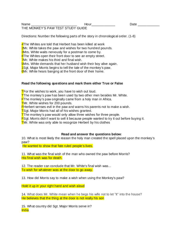 The Monkey's Paw by W. W. JacobsSummary, Themes & ... Doc Template | pdfFiller