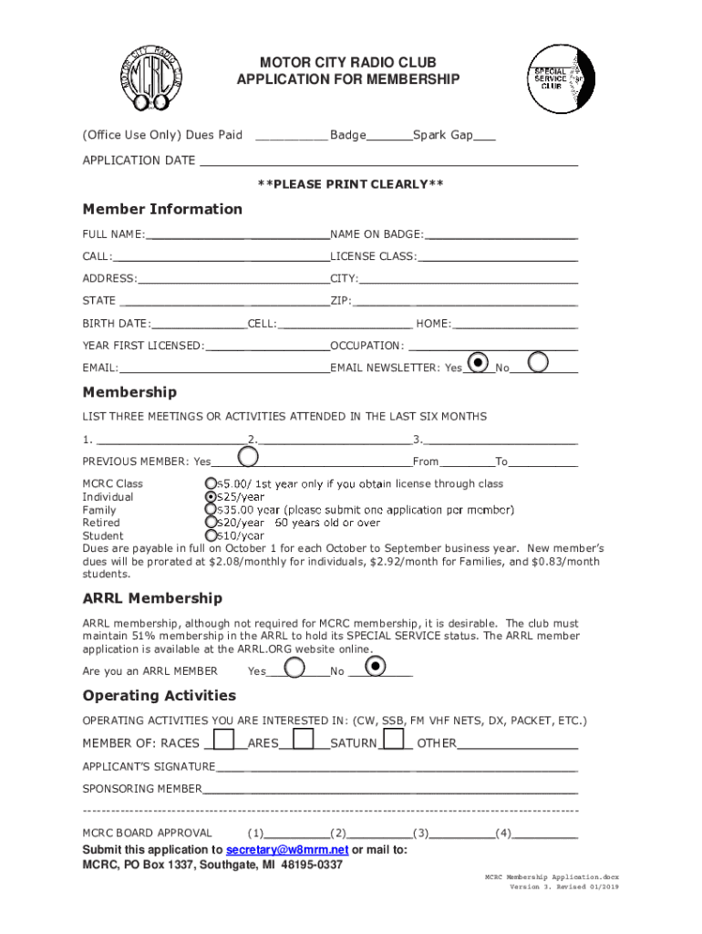 Fillable Online motor city radio club application for membership Fax ...