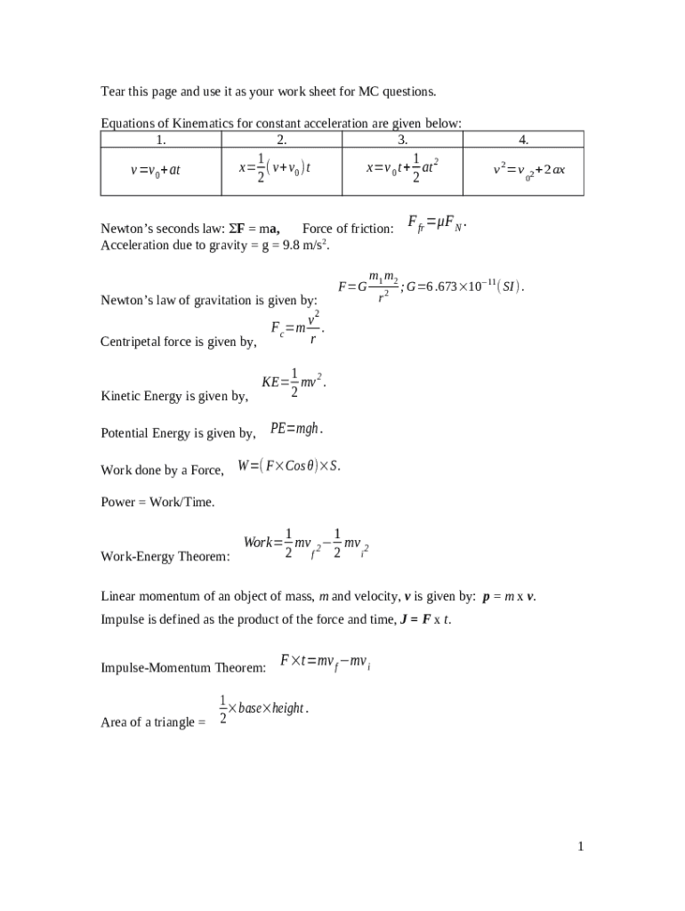 Kinematic Equations Worksheet Doc Template | pdfFiller