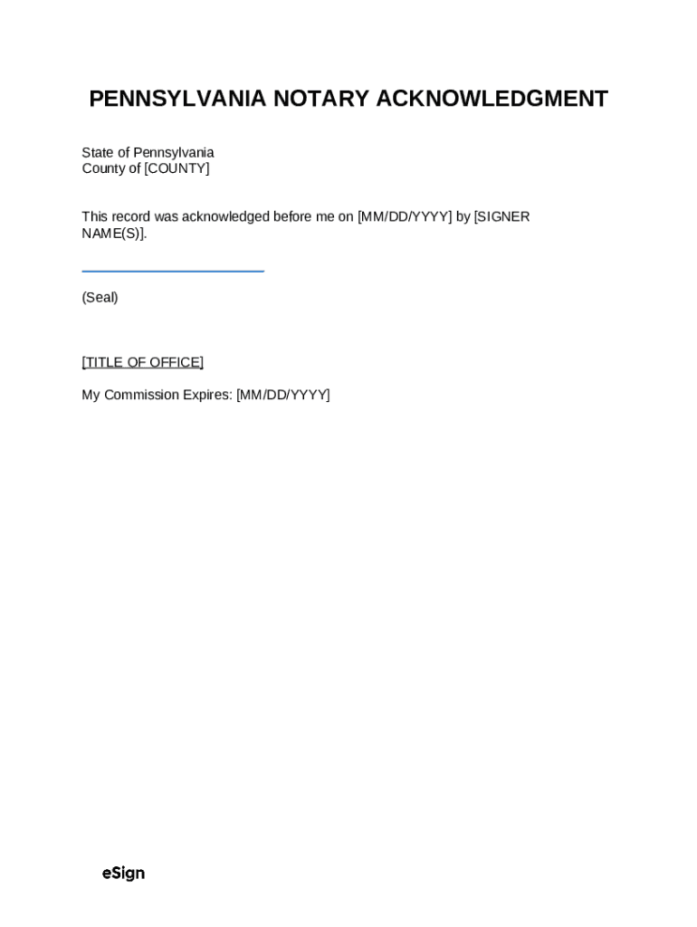 Pennsylvania Notary Acknowledgment Doc Template | pdfFiller