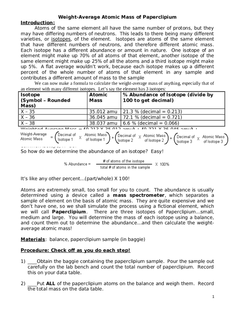 Lab 6 - Weight-Average Mass Of Paperclipium (A/E Chem ... Doc Template | pdfFiller