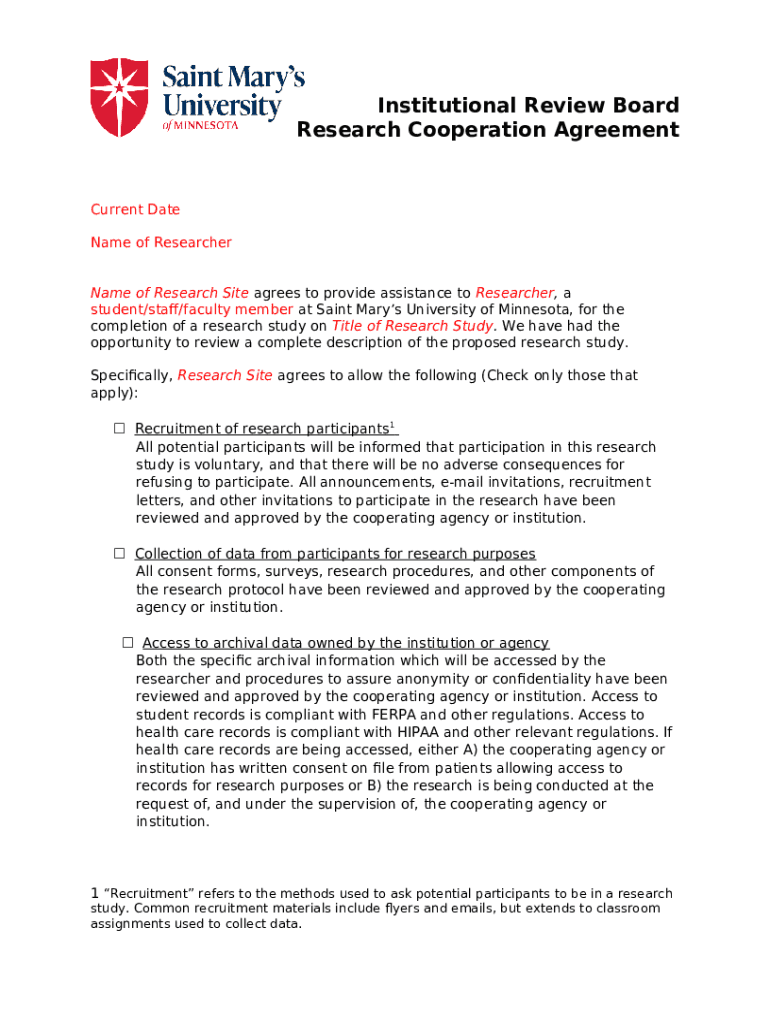 Institutional Review Board Research Cooperation Agreement Doc Template | pdfFiller
